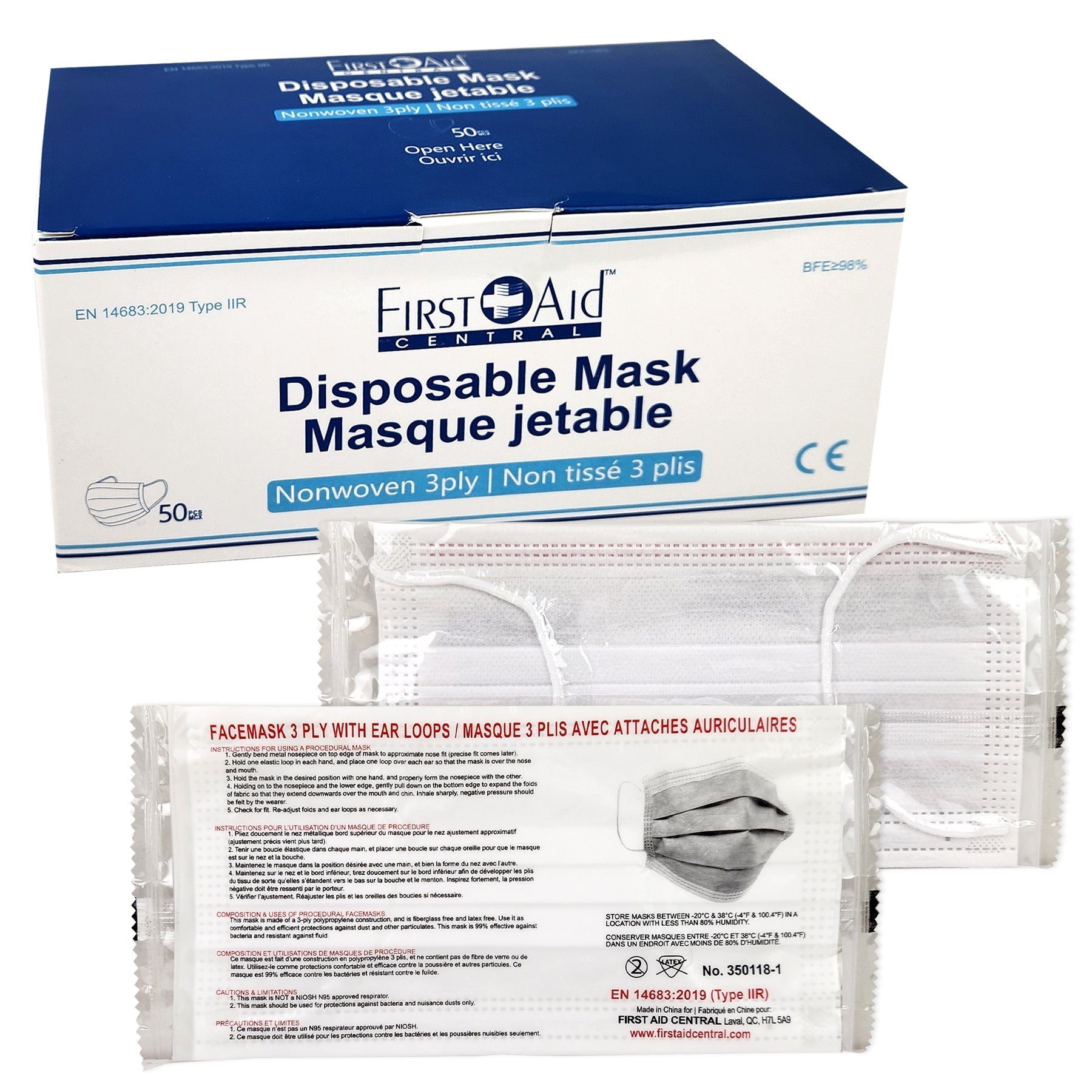 Face Masks, Type 2R Standard, 3-Ply - Box of 50 – First Aid Central